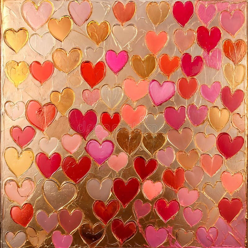 Background of Red and Gold Pink Hearts with Embossed Enamel Texture and ...