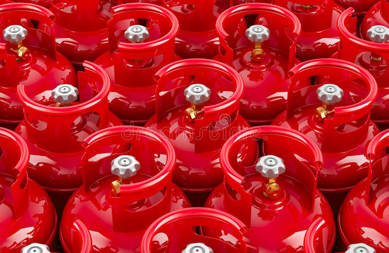 Background from Red Propane Cylinders with Compressed Gas, Top View. 3D ...