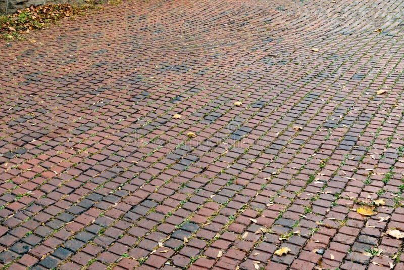 Background of Red Square Brick Street, Perspective, Fall Leaves Stock ...