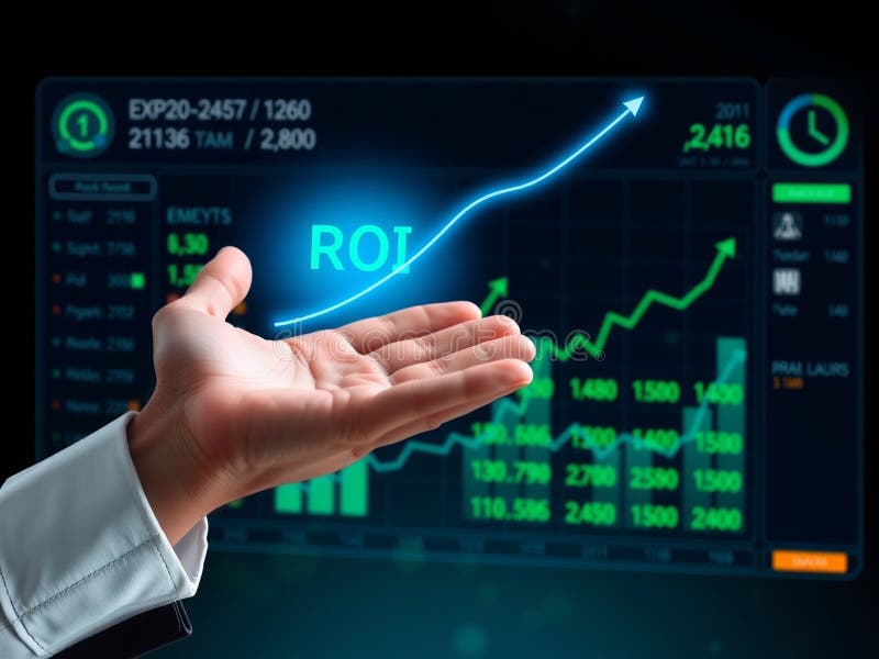 ROI Growth Chart Visualized on Futuristic Touchscreen by Business ...