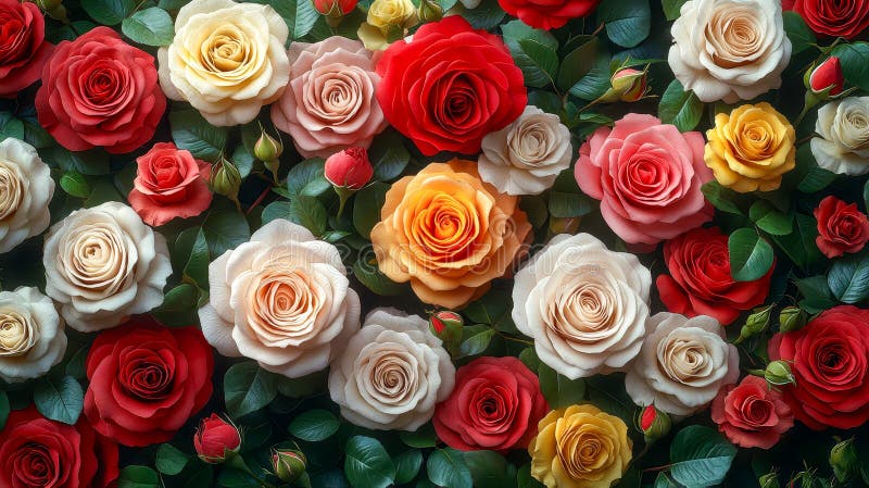 Background of Roses of Different Colors and Sizes with Green Leaves ...