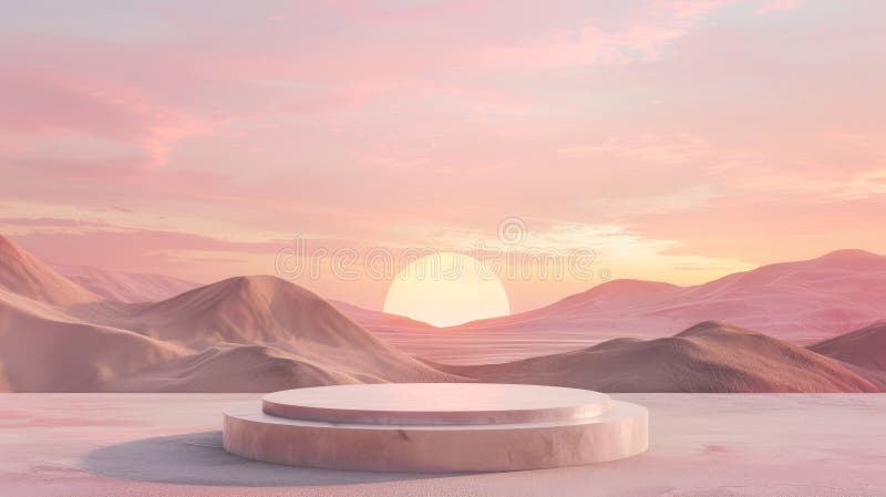 Background with Round Podium in Desert Landscape at Sunset. Mockup for ...