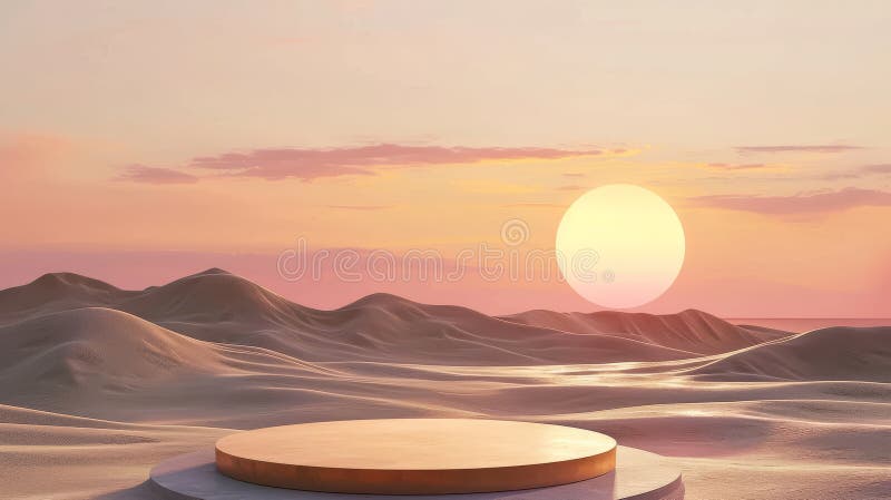 Background with Round Podium in Desert Landscape at Sunset. Mockup for ...