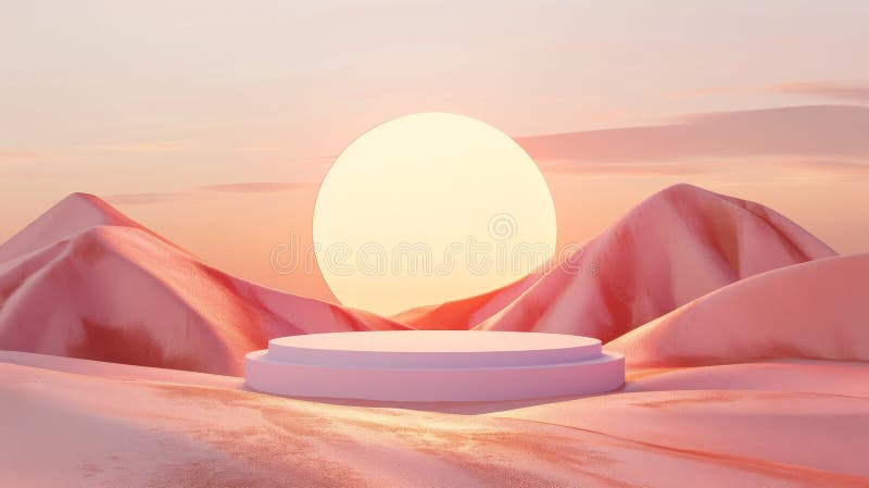 Background with Round Podium in Desert Landscape at Sunset. Mockup for ...