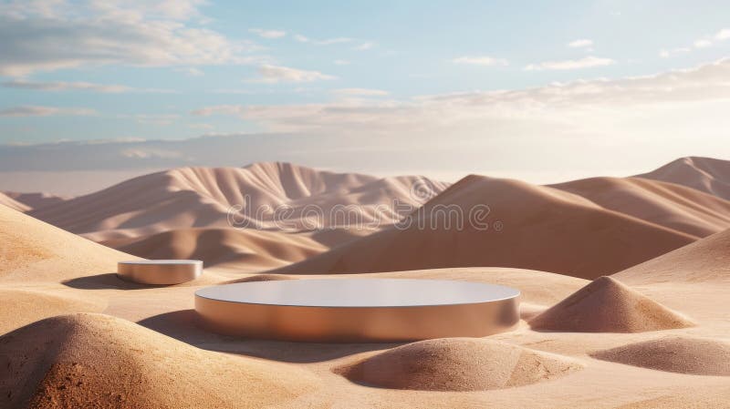Background with Round Podium in Desert Landscape at Sunset. Mockup for ...
