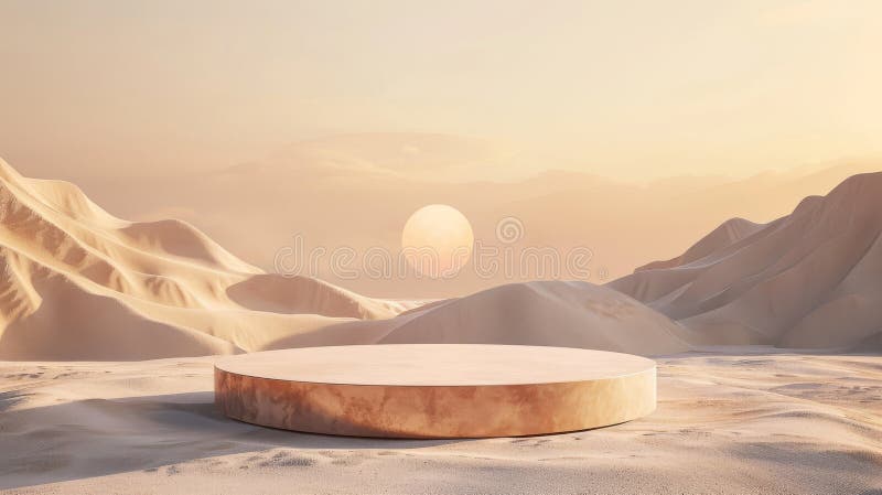 Background with Round Podium in Desert Landscape at Sunset. Mockup for ...