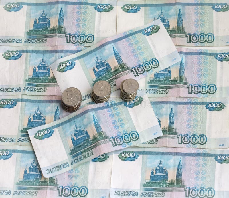 Russian Banknotes with Coins Stock Photo - Image of market, concept ...