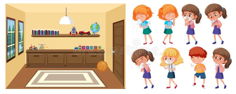 Background Scene of Classroom and Set of Sick Boys and Girls Stock ...