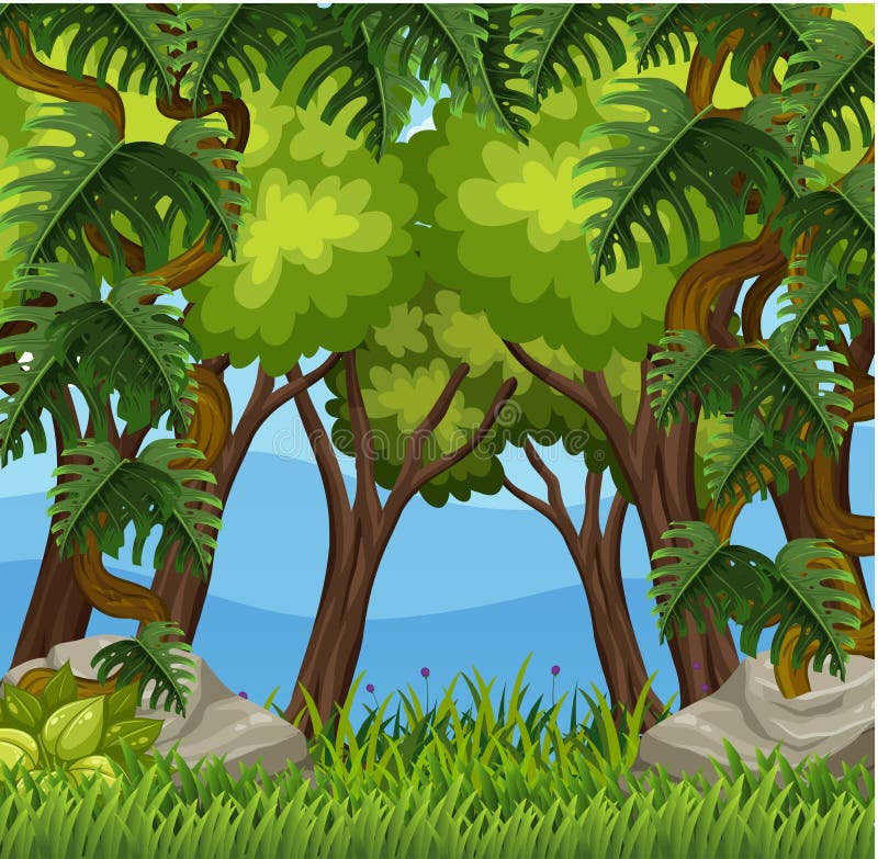 Background Scene with Many Trees in Forest Stock Vector - Illustration ...
