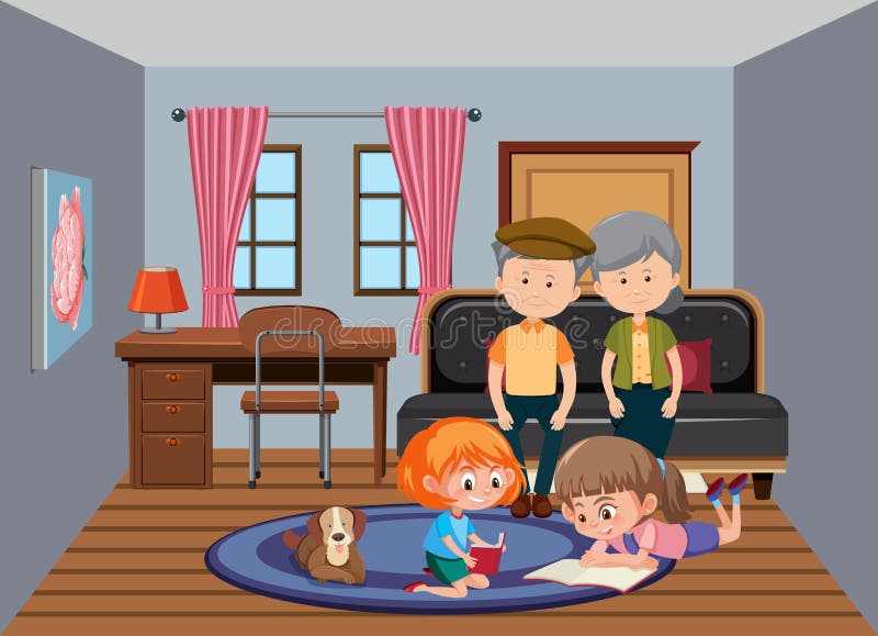 Background Scene with Old People and Kids at Home Stock Vector ...