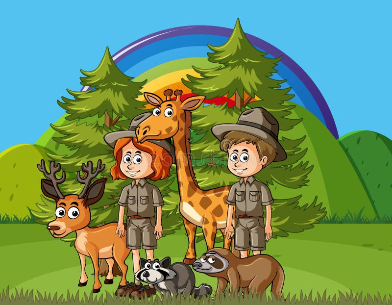 Background Scene with Park Rangers and Wild Animals Stock Vector ...