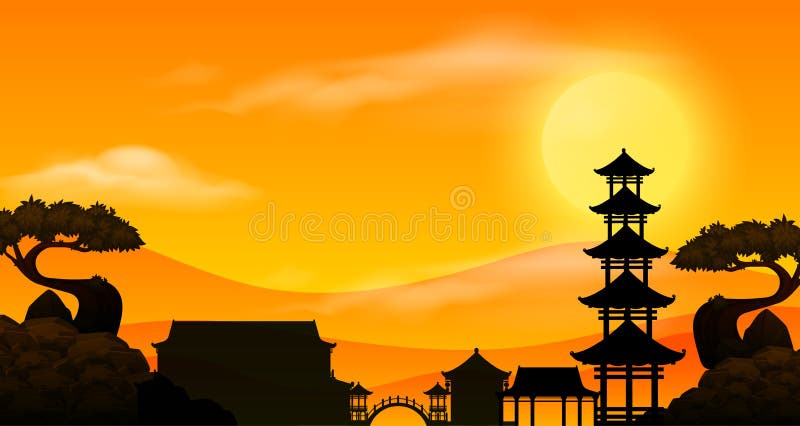 Background Scene with Sunset and Silhouette Asian Temple Stock Vector ...