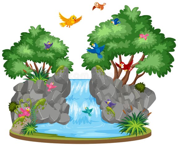 Background Scene of Waterfall and Birds Stock Vector - Illustration of ...