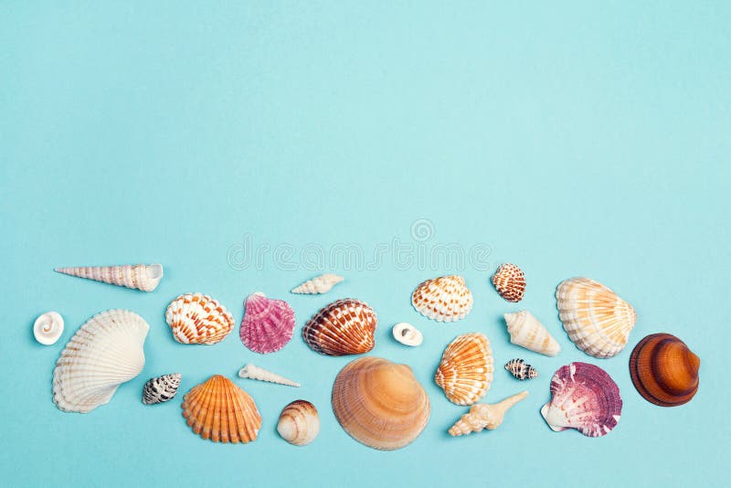 Background with Seashells Border on Blue. Place for Text Stock Photo ...