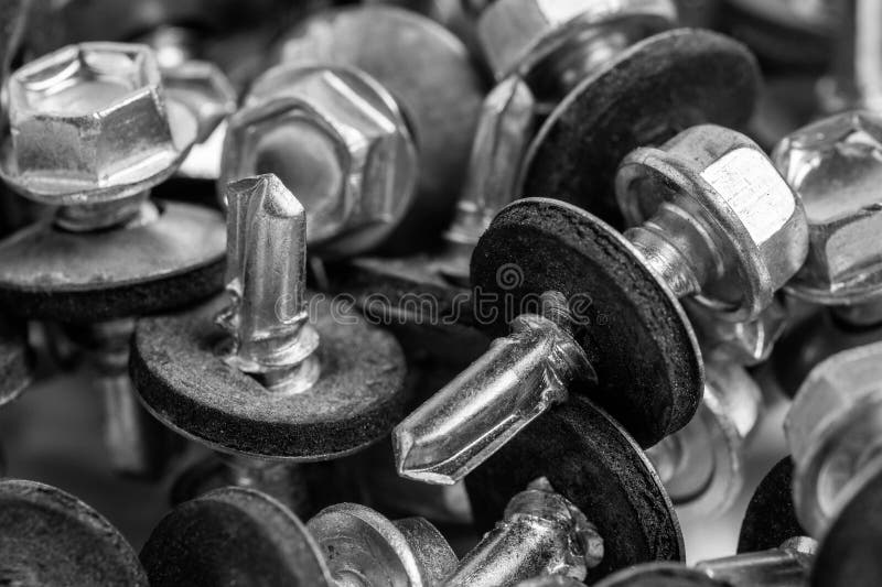 Background of Self Tapping Screws with Rubber Gasket. Closeup Stock ...