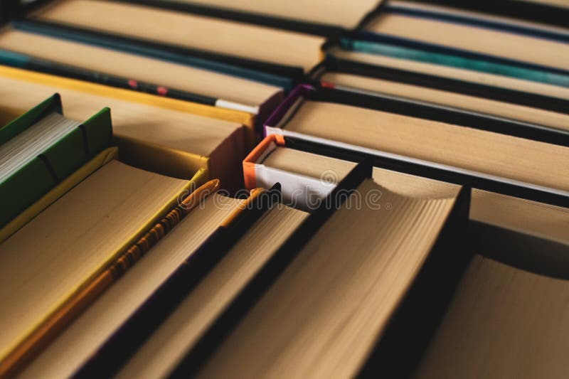 Background: Set of Books Standing One by Another, Look from Above Stock ...