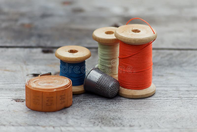 Background with Sewing Tools and Colored Thread Stock Photo - Image of ...