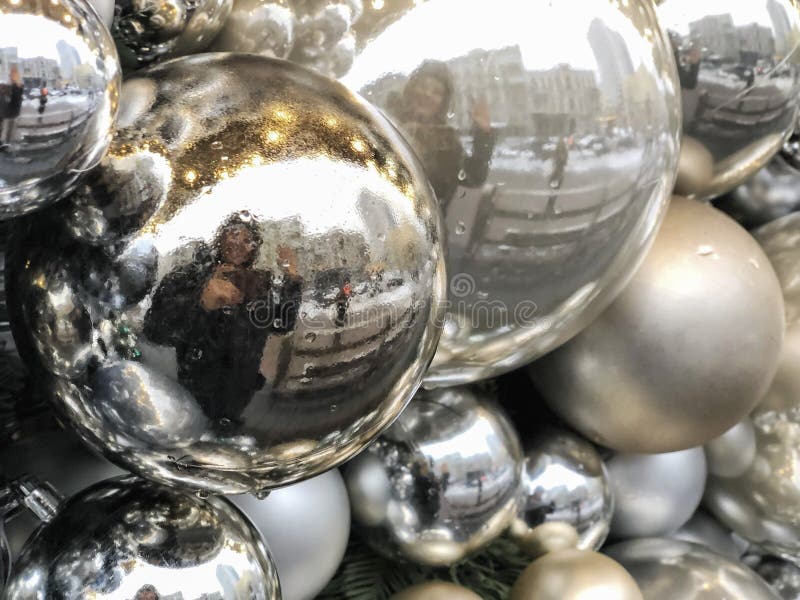 Background with Shiny Silver Balls with Reflection of Street Stock ...