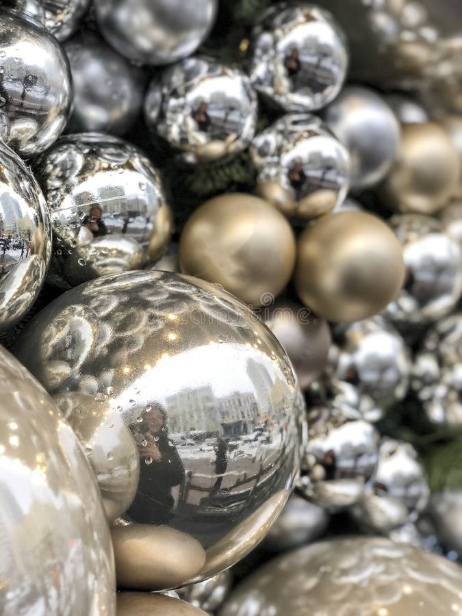 Background with Shiny Silver Balls with Reflection of Street Stock ...