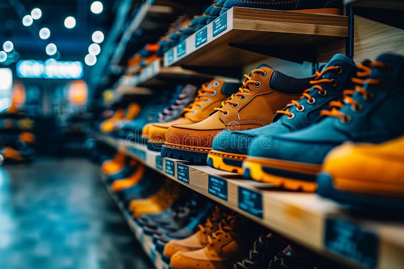 Background with Shoes on Shelves of Shop Stock Photo - Image of retail ...