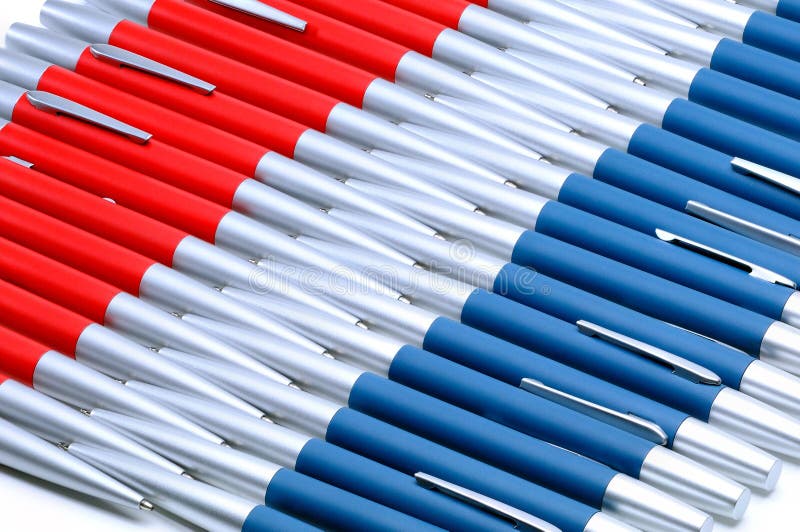 Silver-blue and Silver-red Metal Pens on White Background Stock Photo ...