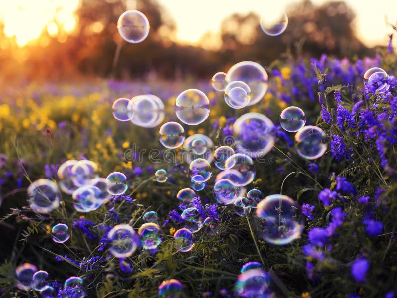 Beautiful Background with Soap Bubbles Flying Over a Blooming Lilac ...