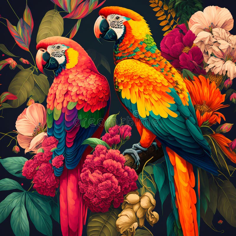 Background of Some Parrots on a Tropical Background. Stock Illustration ...