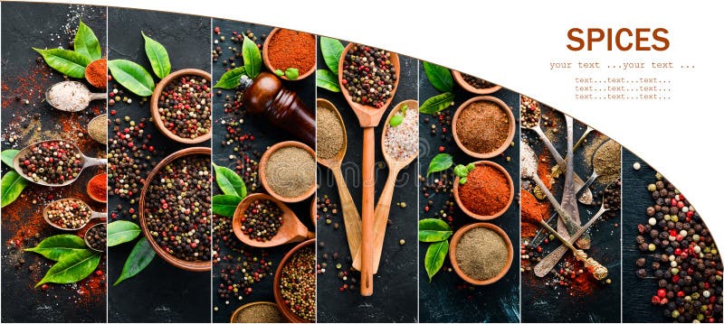 Background of Spices. Photo Collage of Pepper and Spices. Top View ...