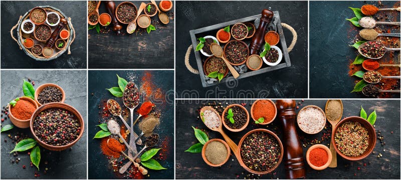 Background of Spices. Photo Collage of Pepper and Spices. Top View ...
