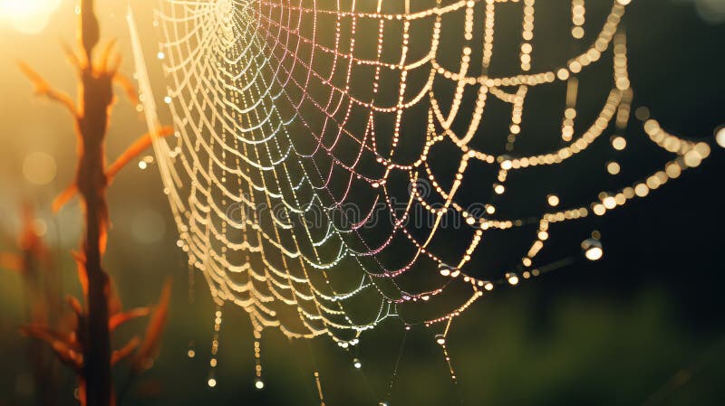 Background Spider Web in Morning Dew Drops on Green Grass. Neural ...