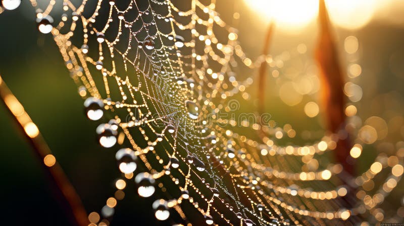 Background Spider Web in Morning Dew Drops on Green Grass. Neural ...