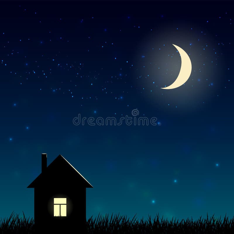 Background. House and Night Sky with Stars and Moon Stock Illustration ...