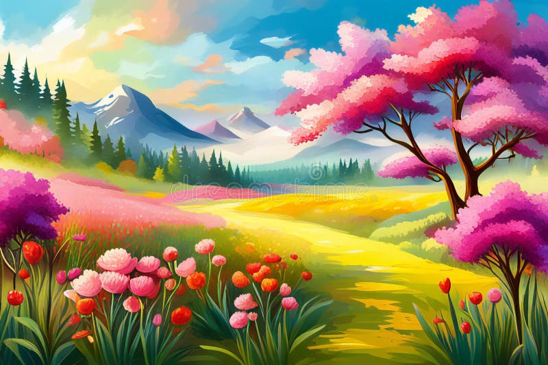 Background Style Beautiful Spring Day with Trees and Mountains and ...