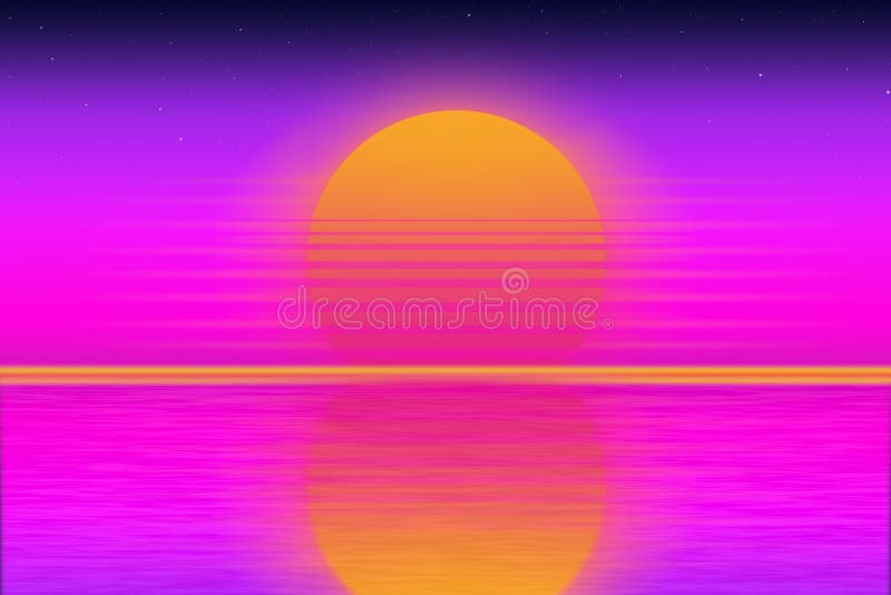 Background with a Sunset on a Neon Sky and a Beach with Silhouettes of ...