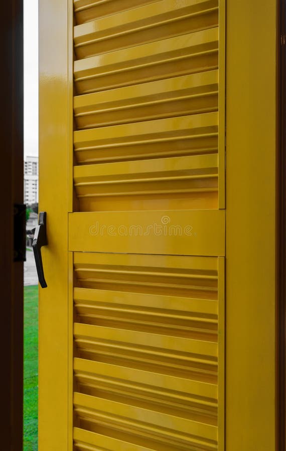 Background Surface of Open Metal and Yellow Window Shutter Stock Image ...