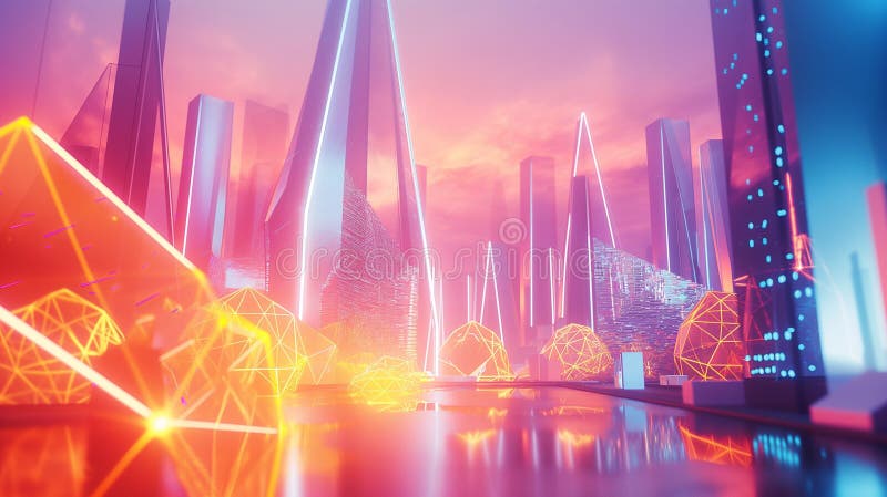 Background with a Surreal Landscape of Glowing Lights, Geometric Shapes ...