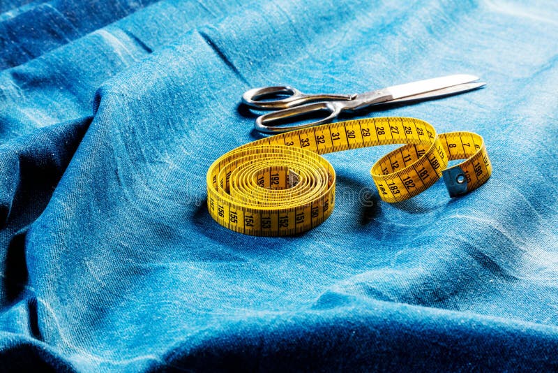 Background Table Top View of Sewing Tool and Jeans on Denim Fabric ...