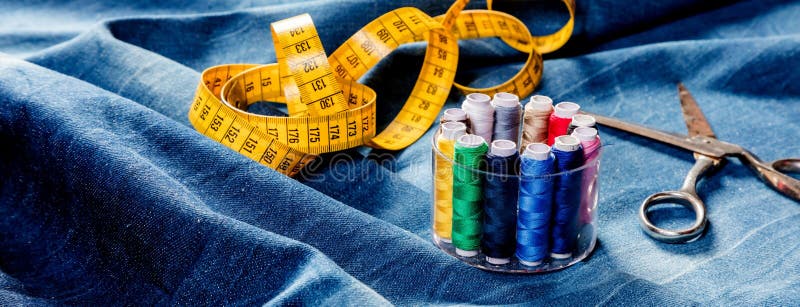 Background Table Top View of Sewing Tool and Jeans on Denim Fabric ...