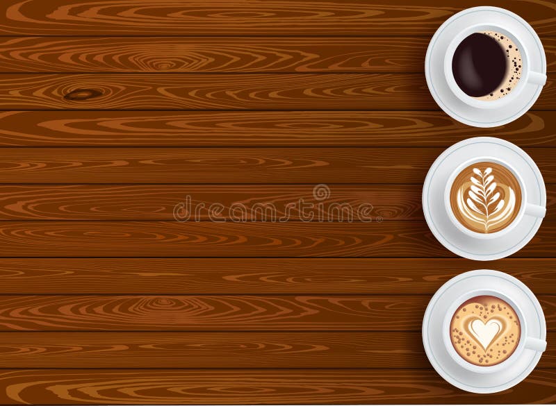 Background with Three Cups of Coffee on Wood Table Top View with Place ...