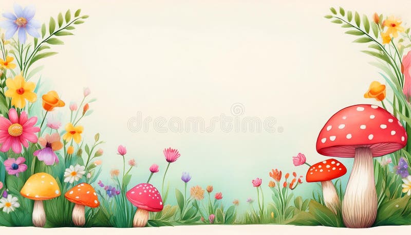 Background with Toadstool and Flowers Stock Illustration - Illustration ...
