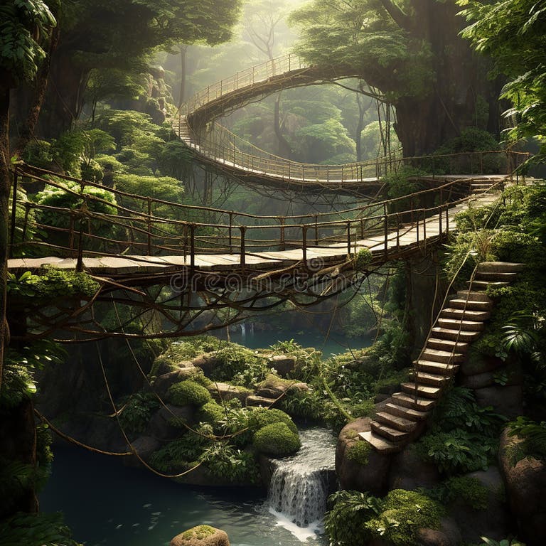 Background with a Treehouse Bridge in a Park Like Setting. Stock ...
