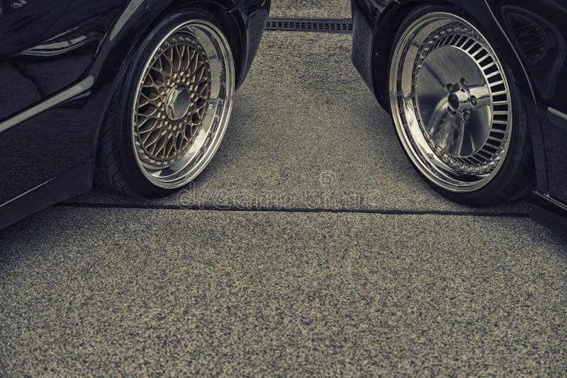 Background of Tuning Car Wheels on Street Stock Image - Image of silver ...