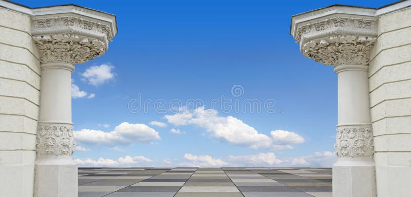 Background with Two Pillars, Paved Floor and Cloudy Blue Sky Stock ...