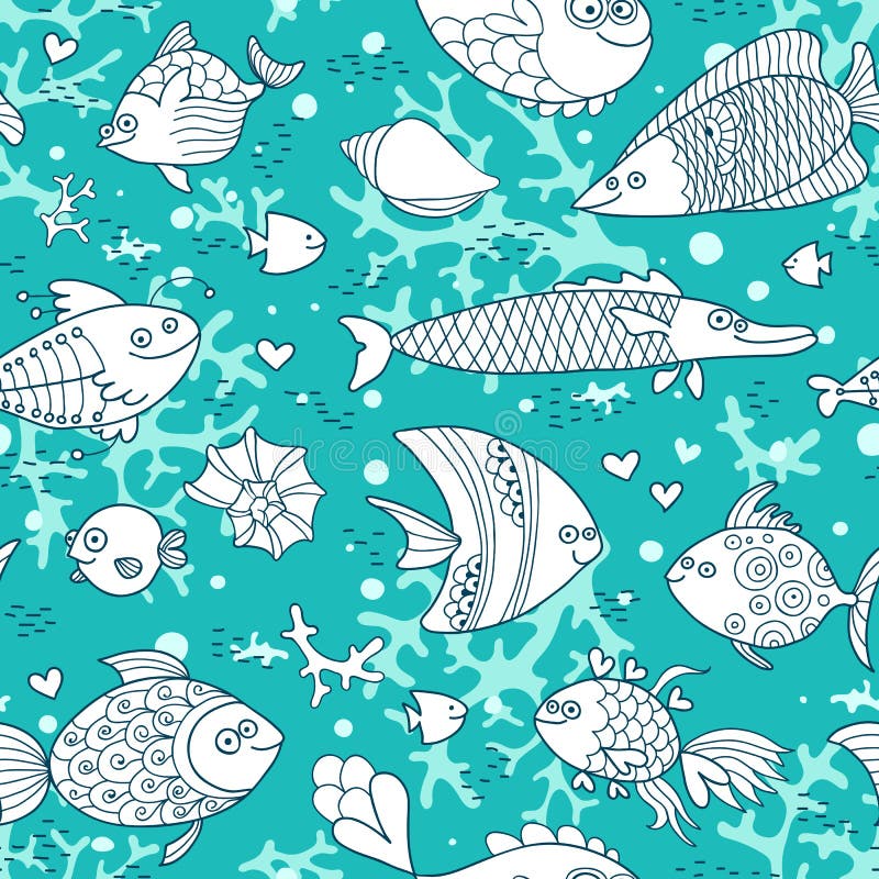 Background Underwater World. Seamless Pattern with Cute Fish, Shells ...
