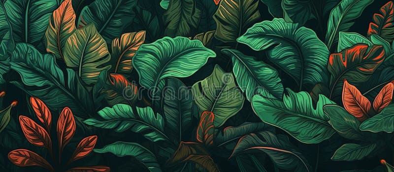 Background of Various Green Tropical Leaves. Panoramic Background ...