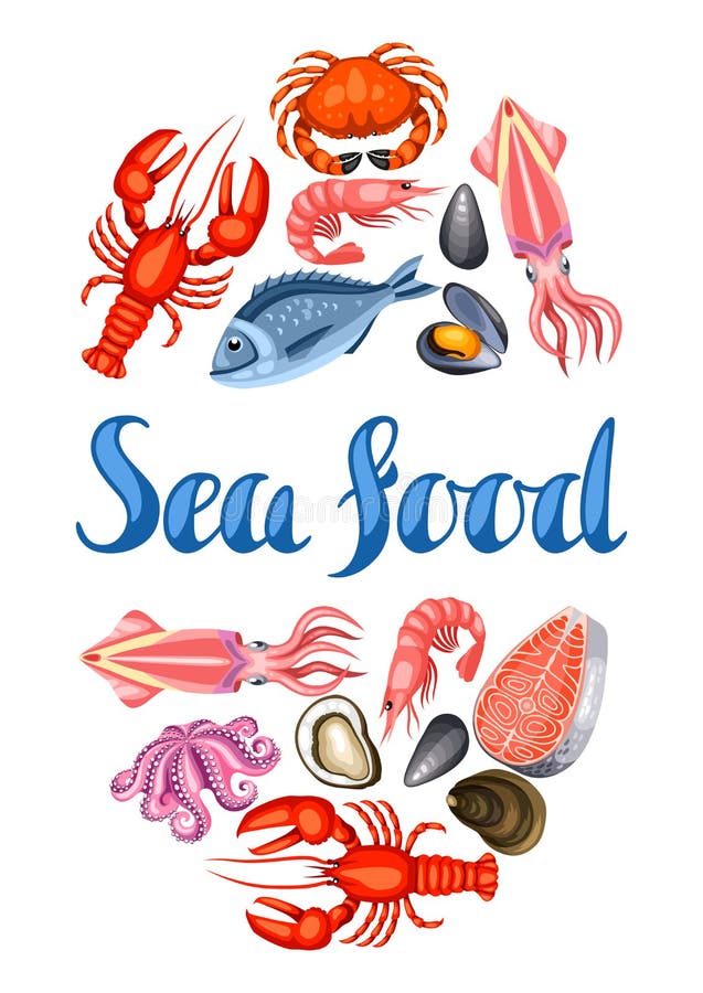 Background with Various Seafood. Illustration of Fish, Shellfish and ...