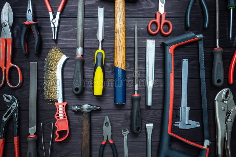 Background from Various Tools on Wooden Workbench. Top View Stock Image ...