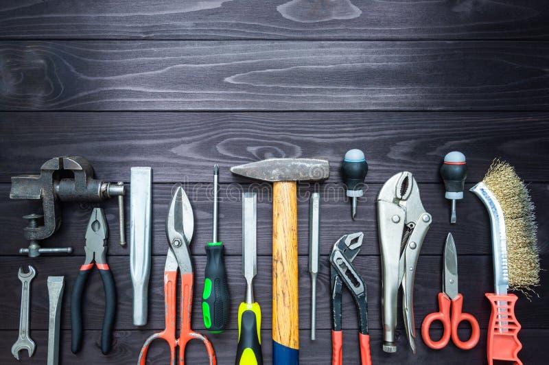 Background from Various Tools on Wooden Workbench. Top View.copy Space ...