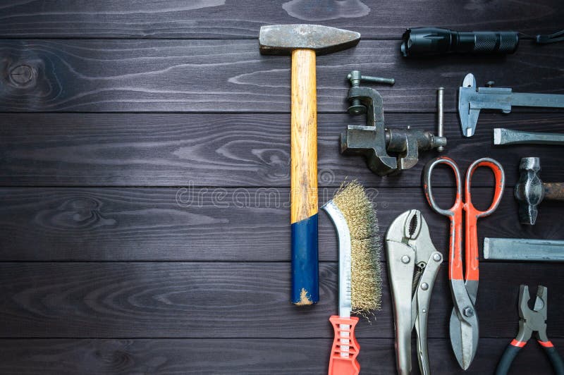 Background from Various Tools on Wooden Workbench. Top View.copy Space ...