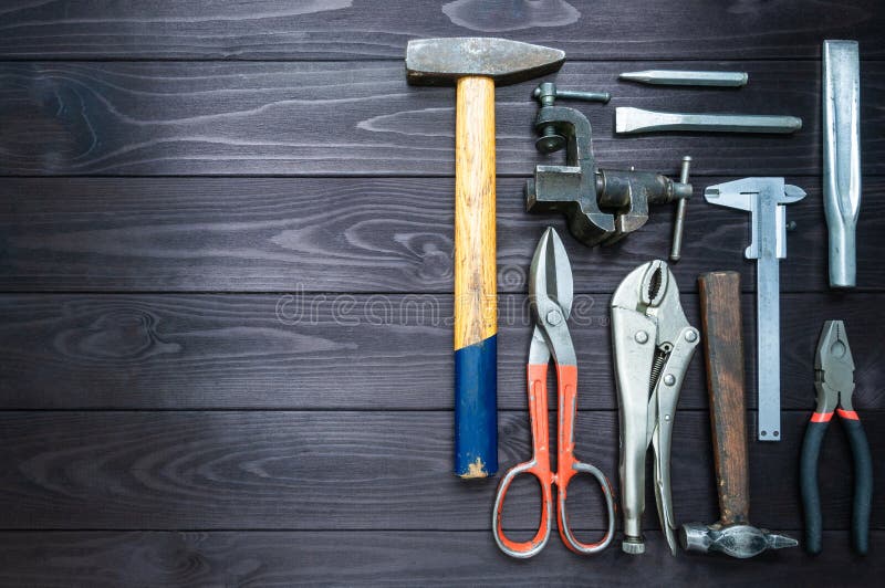Background from Various Tools on Wooden Workbench. Top View.copy Space ...